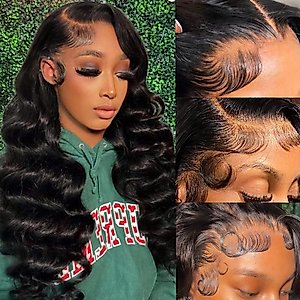 YELHADU Body Wave Lace Front Wigs Human Hair Pre Plucked 13x4 HD Lace Frontal Wigs Human Hair 180 Density Natural Black Wigs for Women Human Hair Lace Front Wig with Baby Hair Glueless 22 Inch