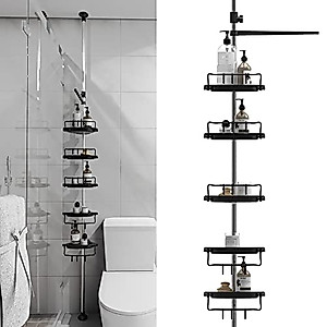 DYN Ptah 6 Tiers 95 to 116 Inch Rustproof Shower Caddy Tension Pole with 5 Shelves + 1 Tower Rack, CornerStanding Constant Tension Pole 304 Stainless Steel Adjustable Height Storage Organizer, Black