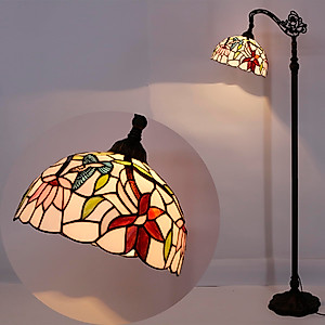 WERFACTORY Tiffany Floor Lamp Hummingbird Flower Stained Glass Arched Lamp 12X18X64 Inches Gooseneck Adjustable Corner Standing Reading Light Decor Bedroom Living Room S801 Series