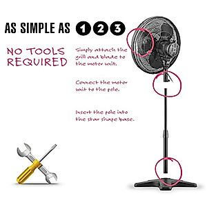 Air Monster 16" Stand Fan with Plastic Grill, Oscillating Pedestal Fan, 3 Speed, Adjustable Height and Angle, Indoor Home and Office use, Black Stand Up Fan