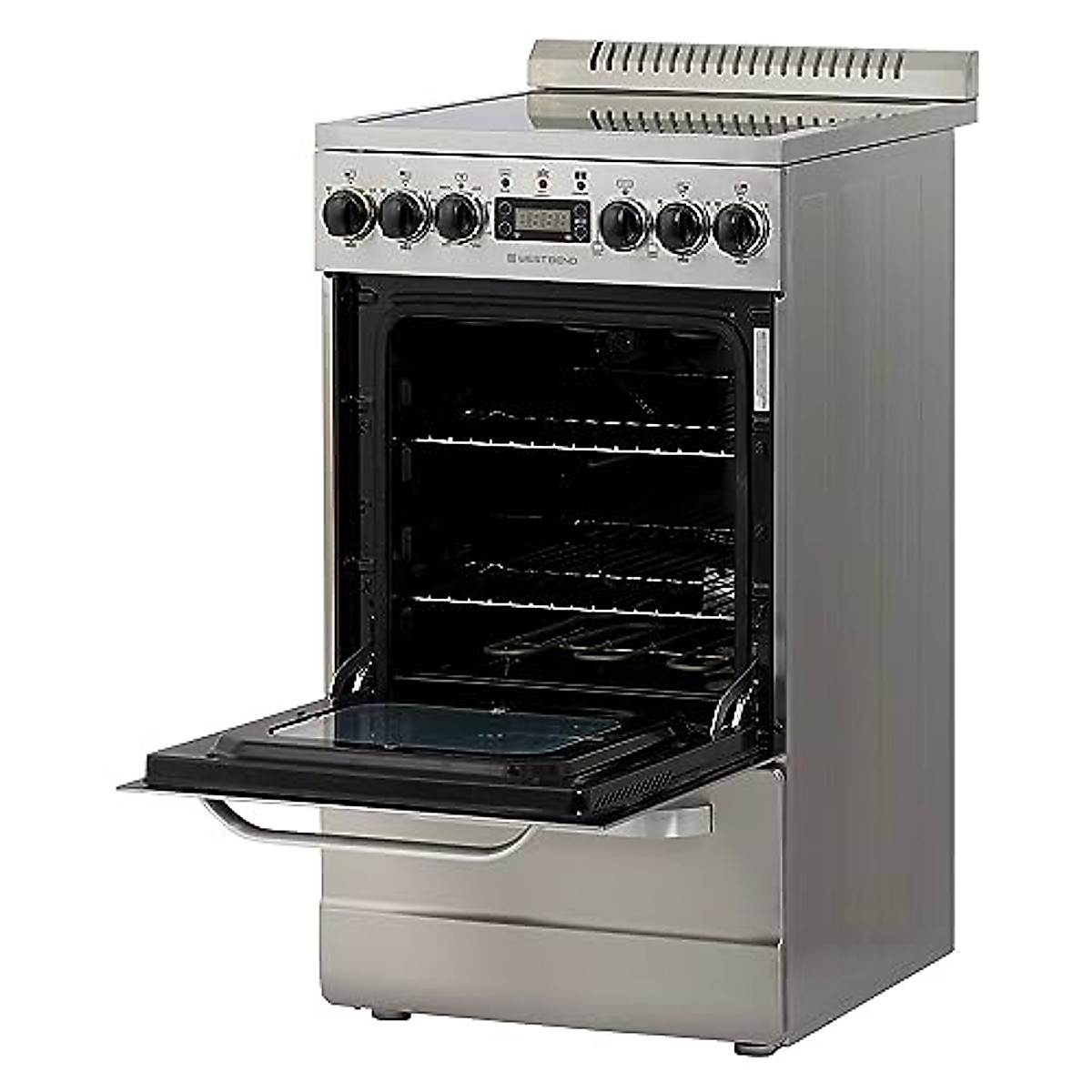 West Bend WB200ERPSS 20-Inch Electric Range, Compact Design, Top with 4 Cooking Zones, Glass Oven Door, Storage Drawer, and Rotisserie Accessories, 2.0 Cu. Ft, Stainless Steel, Metallic