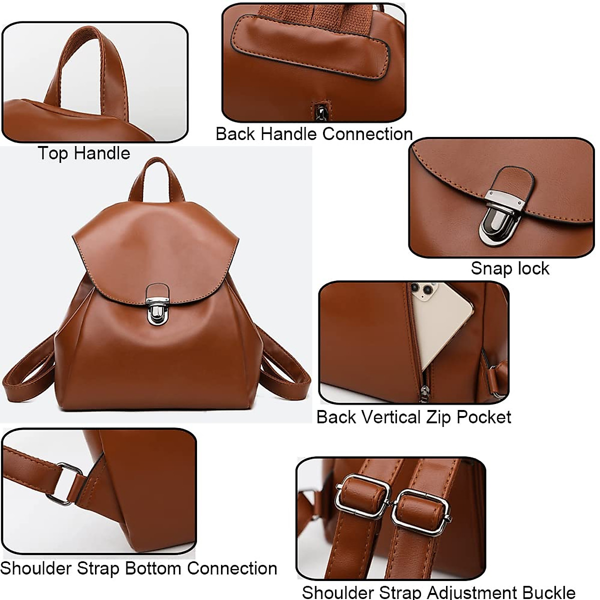 ZiMing Backpacks for Women Flap Backpacks Faux Leather Satchel Bag Snap Lock Shoulder Bags Purse Casual Ladies Daypack Purse-Brown