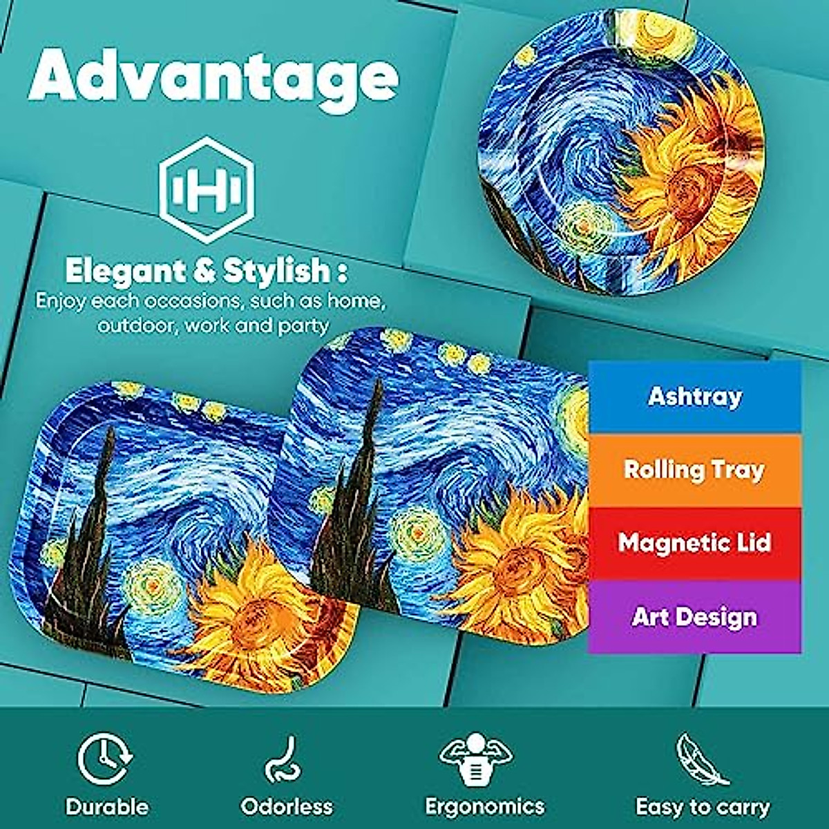 HiKeep Rolling Tray Set of 3, Metal Rolling Tray with PVC Soft Magnetic Lid - 7 x 5.5, Ashtray - 5.8" (Art Design)