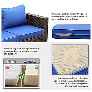 Patio PE Wicker Furniture Set 6 Piece Outdoor Brown Rattan Sectional Loveseat Couch Conversation Sofa Chair with Storage Box and Glass Top Coffee Table, Non-Slip Royal Blue Cushion