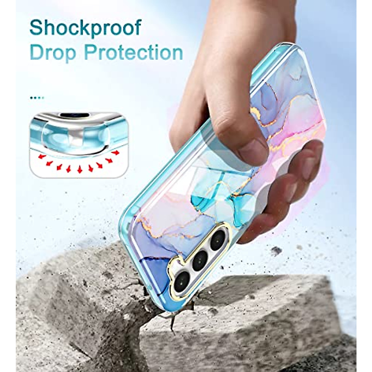 Turquiase for Samsung Galaxy S23 Case with 2pcs Tempered Screen Protector&1pcs Len Camera Protector, Lightweight and Stylish Full Body Shockproof Protective Rugged TPU Case, Blue Marble