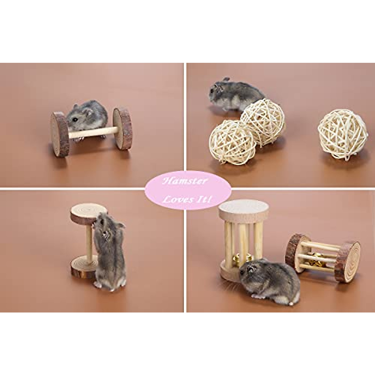 PD Hamster Chew Toys for Teeth, Natural Wood Dumbbells Exercise Bell Roller Molar Toys for Rabbit Bunny Chinchilla Guinea Pig Gerbils Groundhog Squirrels (Style 1)