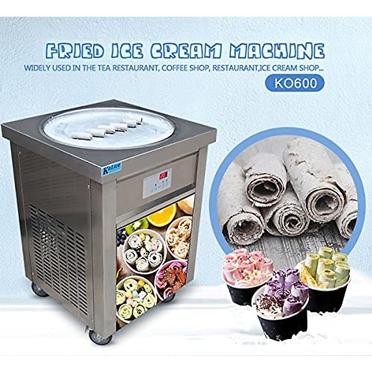 Kolice Commercial ETL UL NSF fry ice cream rolled machine, fried ice cream machine, roll ice cream machine, snack food equipment-22" single round pan, auto defrost, smart AI temperature controller