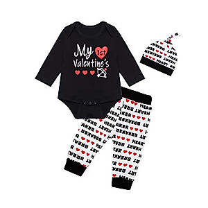Catmama 3PCS Baby Boys Girls My First Valentine's Long Sleeve Heart Breaker Pants with Hat (Black-Long Sleeve, 6-12 Months)