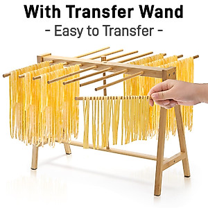 Pumtus Bamboo Pasta Drying Rack, Noodle Dryer Stand with Transfer Wand and 14 Bars, Stable Household Spaghetti Hanger, Lasagna Noodle Drying Rack for Kitchen and Cooking