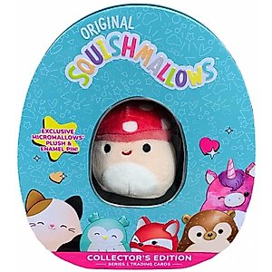 Squishmallows Official Kellytoy Collectors Tin Set with Micromallow Exclusive Pin and Trading Cads Choose Your Favorite or Collect Them All (Malcom The Mushroom)