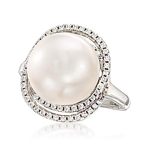 Ross-Simons Italian 12mm Cultured Pearl and .78 ct. t.w. CZ Ring in Sterling Silver. Size 9