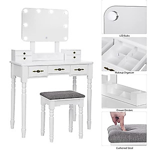 BEWISHOME Vanity Desk with Mirror and Lights, Makeup Vanity with Lights, Vanity Table with 8 LED Bulbs & 3 Colors Lighting, White Vanity Set with 7 Drawers & Stool, Dressing Table Makeup Desk FST13W