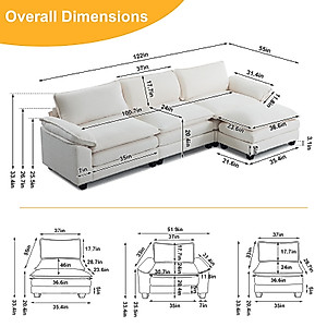 Karl home Sectional Sofa Modular Deep Seat Sofa Couch with Ottoman, Teddy Fleece Sofa Sleeper Comfy Upholstered Furniture for Living Room, Apartment, Studio, Office, (3-Seat & 1-Ottoman, White)