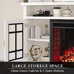LUXOAK Curved TV Cabinet with 26" Electric Fireplace for TVs up to 65", Media Fireplace TV Console Table with Storage Farmhouse Glass Door, Distressed White