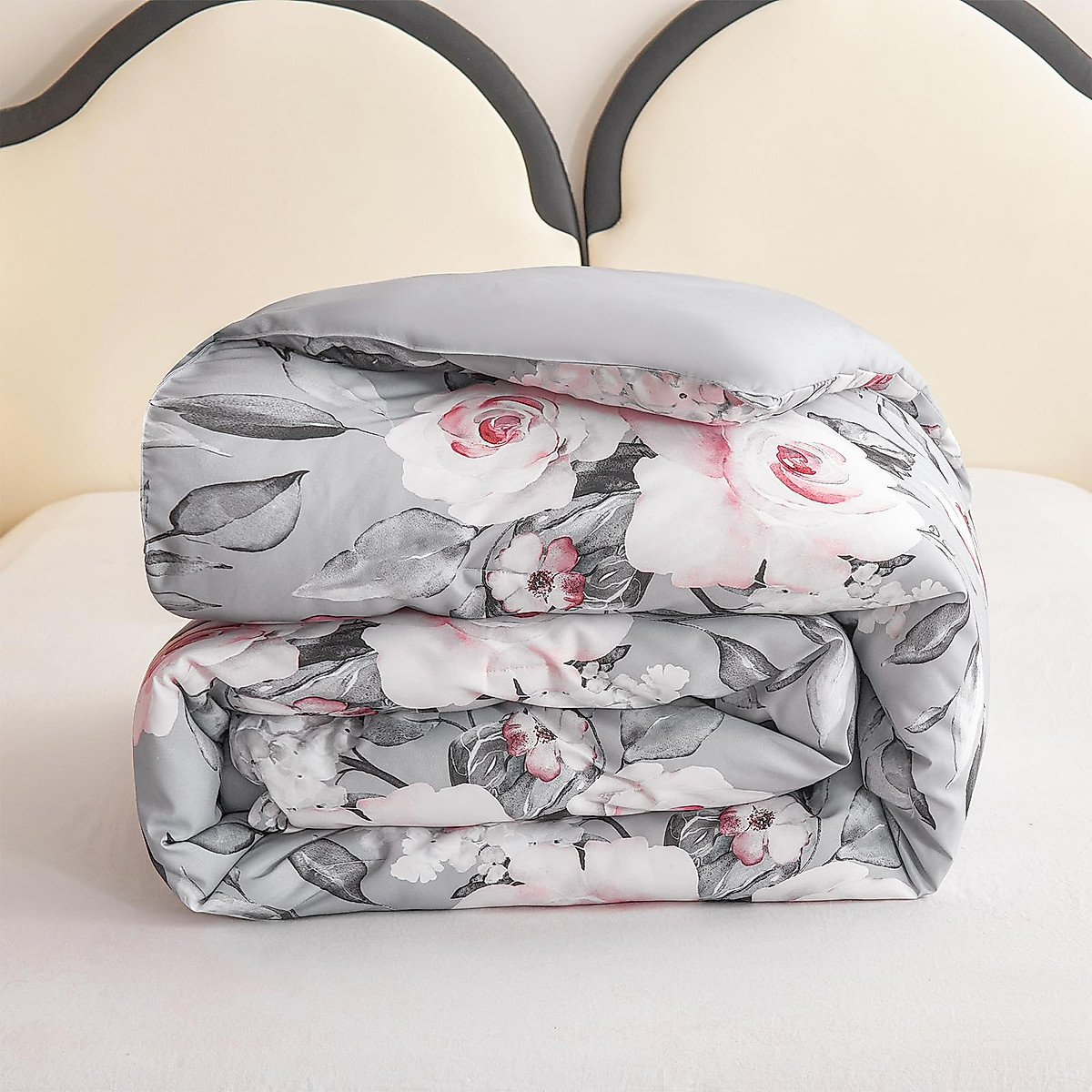 Koniroom 3 Pieces Pink and Grey Comforter Set Queen Size, Floral Bedding Sets with Pink Flowers and Leaves Pattern for Women Teen Girls, Reversible All Season Comforter with 2 Pillow Shams
