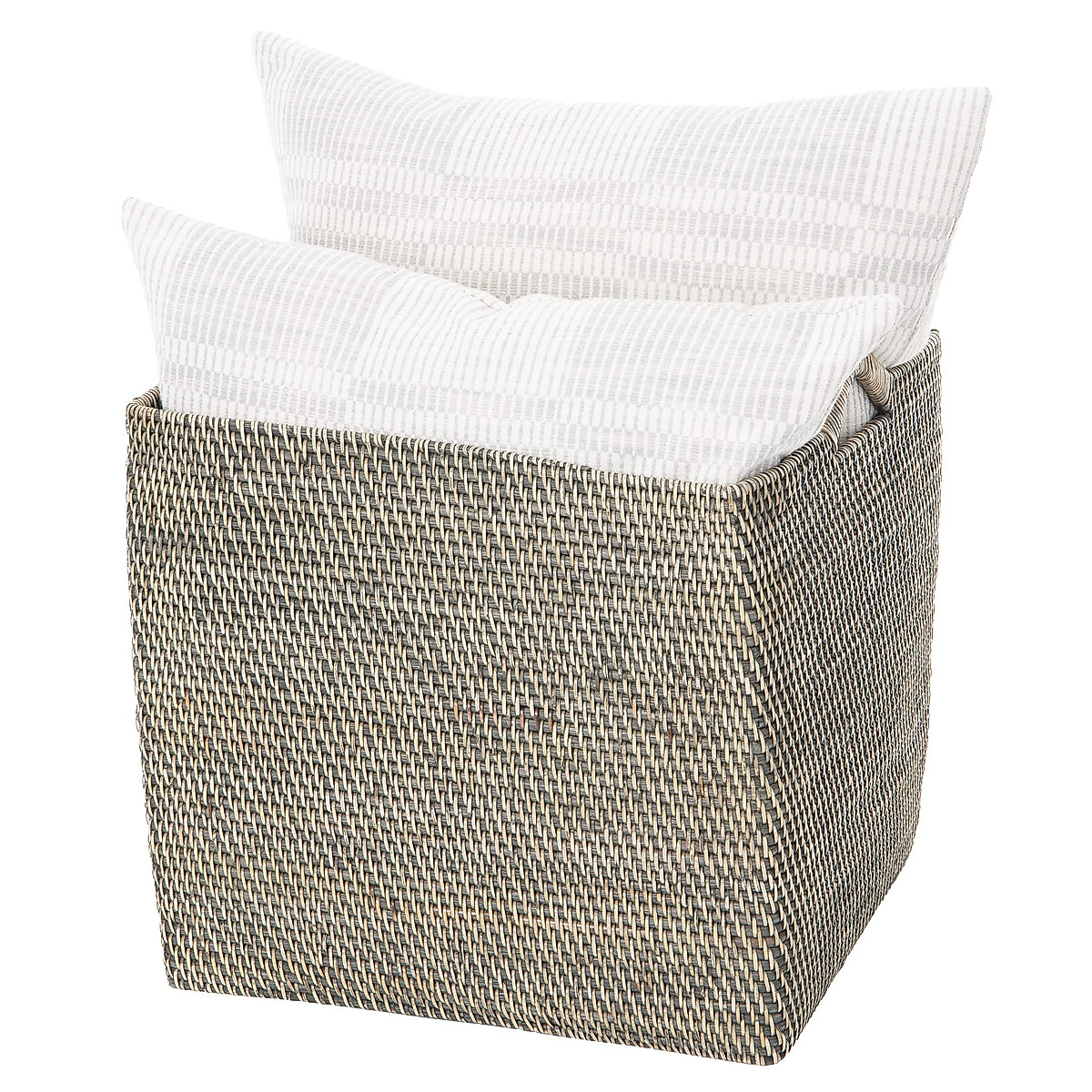 Loma Rectangular Rattan Storage Basket with Handles - Large - Black-Wash - Coastal-Inspired Handwoven Rattan Basket for Home Organization & Décor