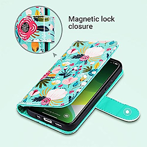ULAK Compatible with iPhone 12 Mini Wallet Case with Card Holders for Women, Designed PU Leather Flip Wallet with Kickstand Card Slot, Protective Phone Cover for iPhone 12 Mini, 5.4inch, Mint Flower