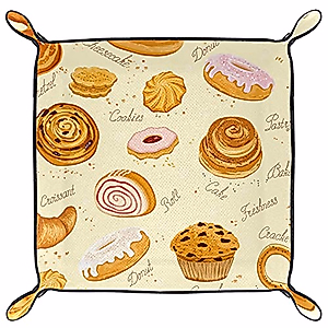 Leather Valet Tray, Dice Tray Folding Square Holder, Dresser Organizer Plate for Change Coin Key, Cartoon Cake Donut Bread