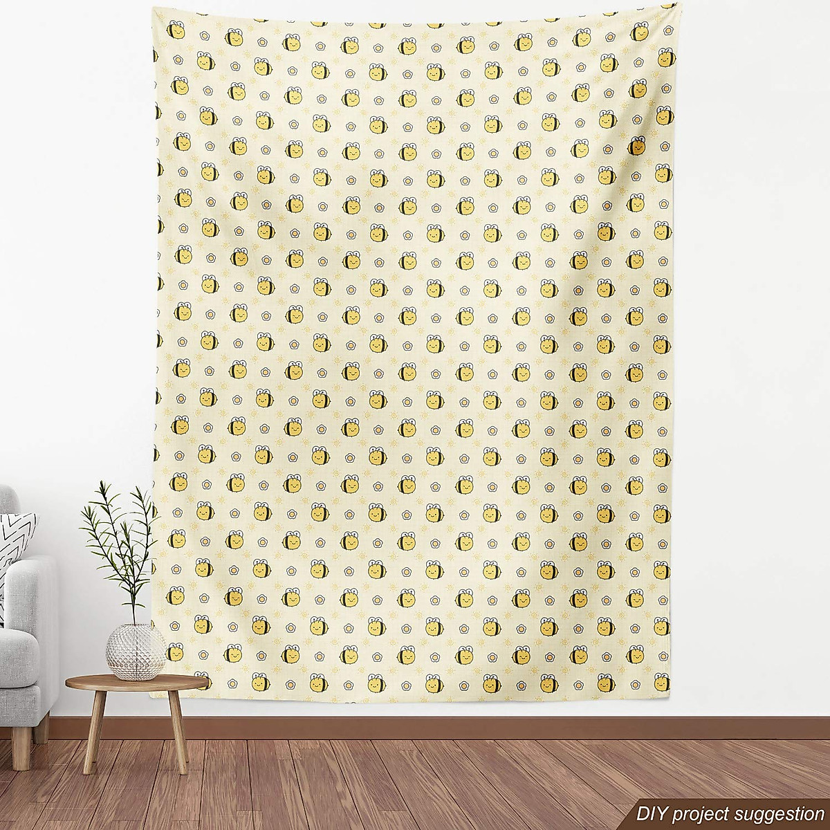 Ambesonne Insects Fabric by The Yard Repetitive Pattern with Happy Little Bees Flowers and Suns Decorative Fabric for Home Essentials Sewing Hobby DIY Upholstery and Home Accents 1 Yard Mustard Grey