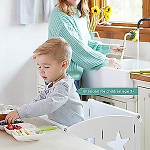 Guidecraft Classic Kitchen Helper® Stool - White with 2 Keepers and Non-Slip Mat: Foldable, Adjustable Height Safety Cooking Tower for Toddlers with Chalkboard and Whiteboard Message Boards