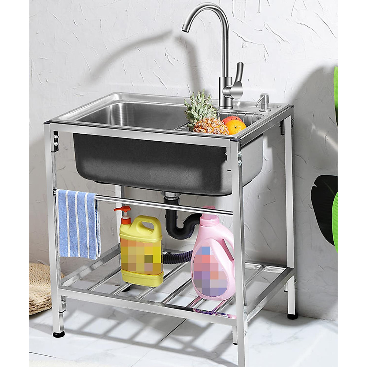 Freestanding Stainless Steel Sink,Outdoor Sink Commercial Restaurant Sink,Single Bowl Sink,Industrial Sink for Restaurant, Cafe, Bar, Hotel, Garage, Laundry Room,L26.7"x H33.46"xW17.3"