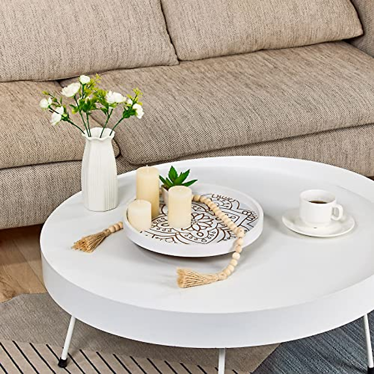 SimpleArt Wooden Serving Tray Round, Rustic Coffee Table Tray Farmhouse Tray Decor for Centerpiece Table Decorations,Kitchen Table Decor, Boho Ottoman Tray for Home White