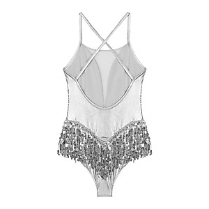 JEATHA Women Sequin Mesh Patchwork Camisole Ballet Leotard Crisscross Back Tassel Hem Gymnastic Dancewear Silver Medium