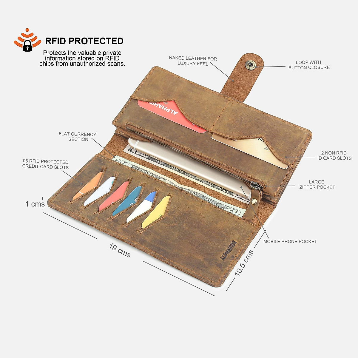 ALPHAHIDE Genuine Leather Wallet for Women - RFID Blocking Ladies Clutch - Ladies Phone Wallet - Raw Leather Purse - Zipper Pocket - Gift Boxed (Tan)