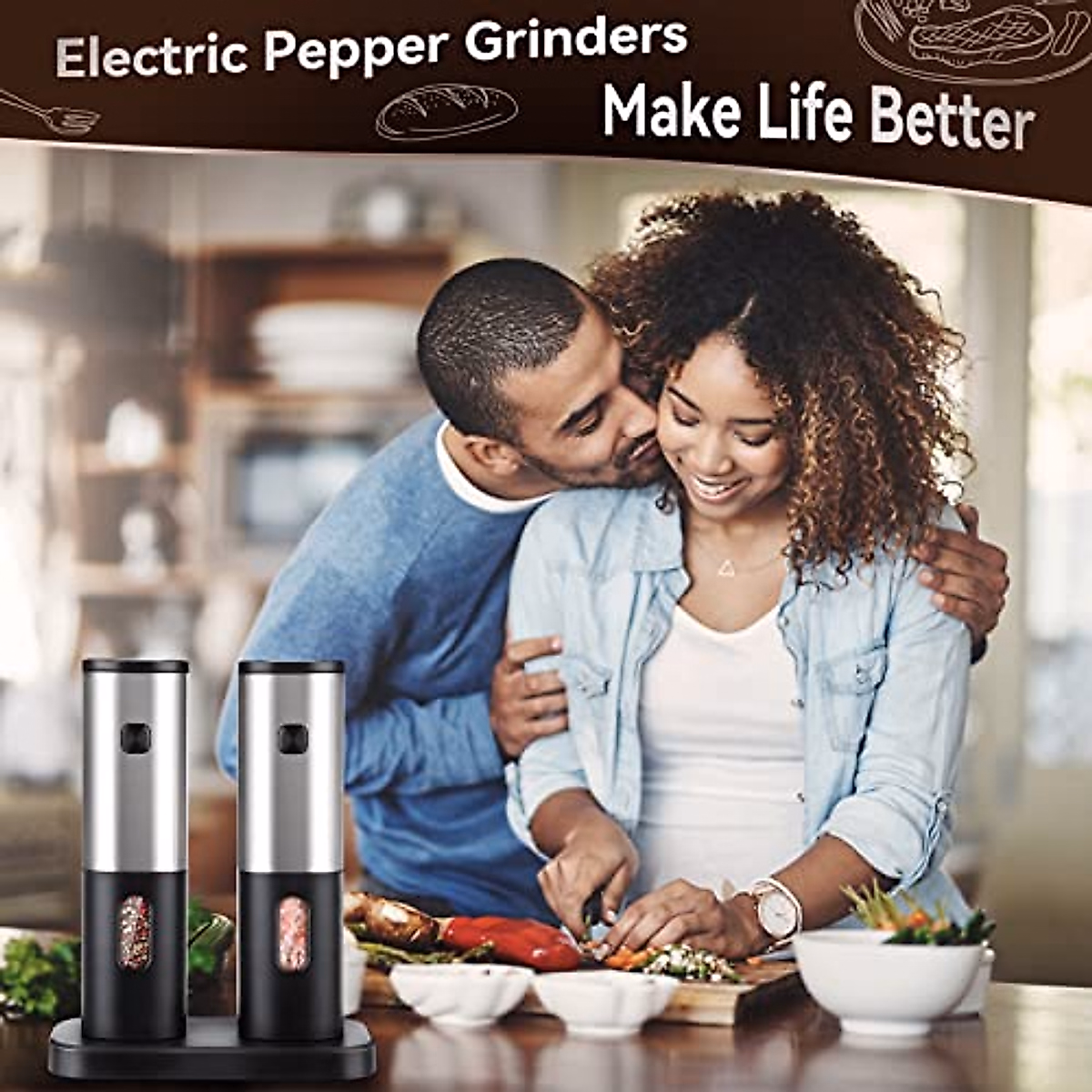 Electric Salt and Pepper Grinder Set Rechargeable, HOMCYTOP Automatic Salt & Pepper Mill Refillable with Storage Base, USB Cables, Blue LED Light, One Hand Operation, 2 Adjustable Coarseness Mills