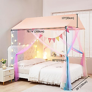 Akiky Girls Bed Canopy Large Playhouse with Pompom Princess Castle Indoor&Outdoor Play Tent for Kids-Not Include Bed Poles(Twin,Pink)