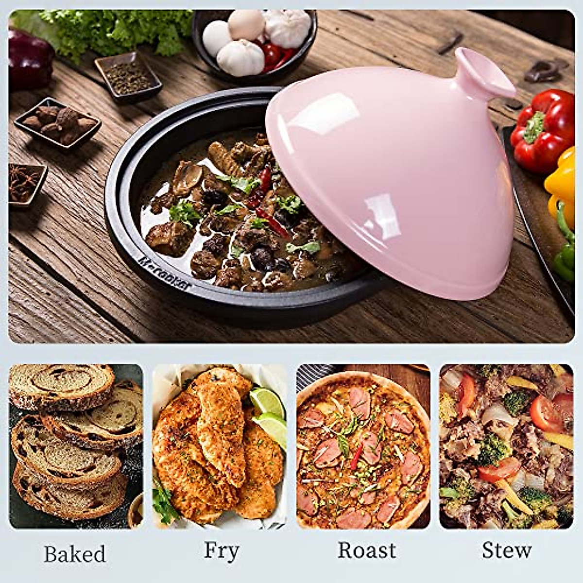 M-Cooker Tagine Pot - 5.5-Quart Moroccan Tajine with Cast Iron Base and Ceramic Cone-Shaped Lid, High-Quality Cookware- Pink