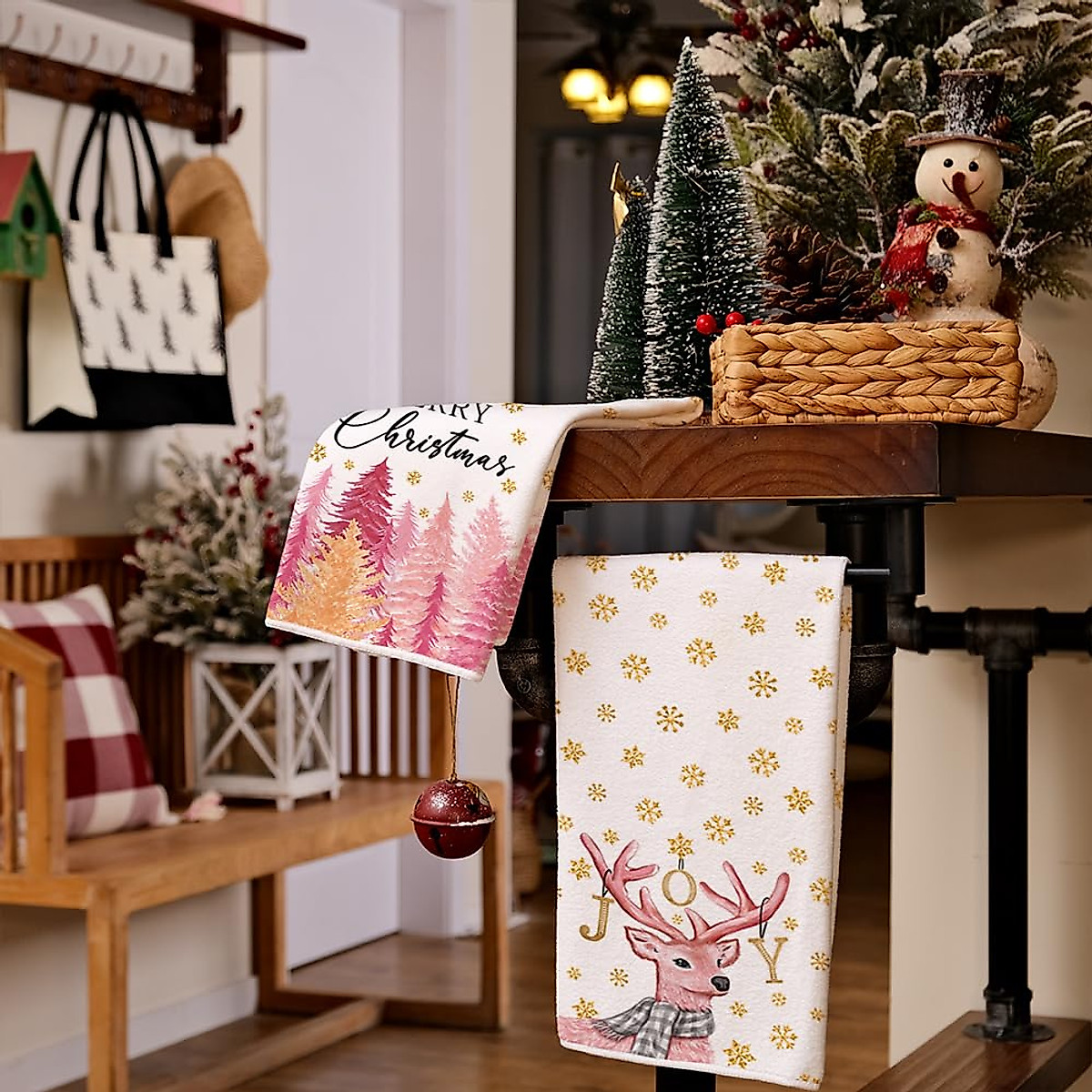 ARKENY Christmas Kitchen Towels Set of 2,Pink Xmas Tree Merry Christmas Dish Towels 18x26 Inch,Hoilday Farmhouse Home Decoration AD105