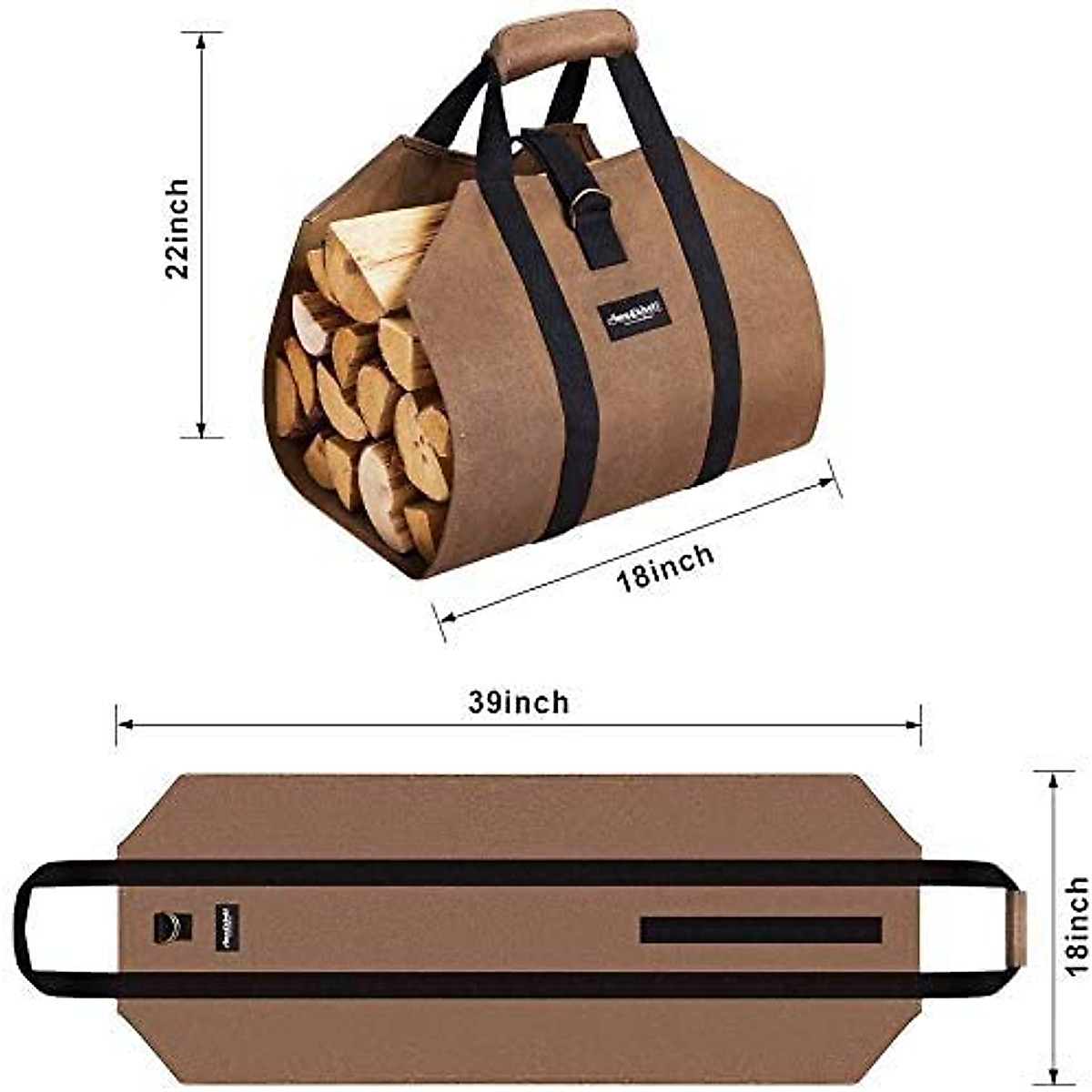 AMAGABELI GARDEN & HOME Fireplace Carrier Waxed Canvas Fire Place Sturdy Wood Carring Bag with Handles Security Strap for Camping Indoor Firewood Logs Tote Log Holder Birchwood Stand