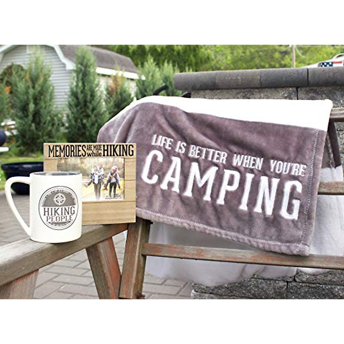 Pavilion Gift Company Life is Better When You're Camping-Gray & White Super Soft 50 x 60 Inch Striped Throw Embroidered Text 50" x 60" Royal Plush Blanket, Grey
