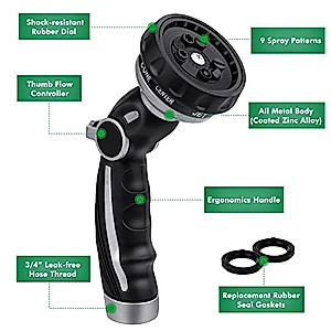 RESTMO Water Hose Nozzle, Metal Garden Hose Sprayer, Heavy Duty | 9 Spray Patterns | High Pressure | Thumb Flow Control, Ideal for Outdoor Lawn & Plant Watering, Car & Pet Washing, Silver