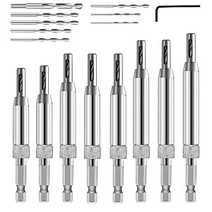 GMTOOLS 17pcs VIX Bits Self Centering Drill Bit Set, 1/4" Hex Shank Self Centering Hinge Tapper Core Drill Bit Set for Woodworking Window Door Hinge with 1 Hex Key & 8 Drill Bits 5/64"-1/4"