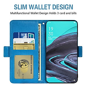 Asuwish Compatible with Oppo Reno 2 Wallet Case and Tempered Glass Screen Protector Flip Purse Accessories Wrist Strap Credit Card Holder Stand Cell Phone Cover for Reno2 2019 Women Men Blue