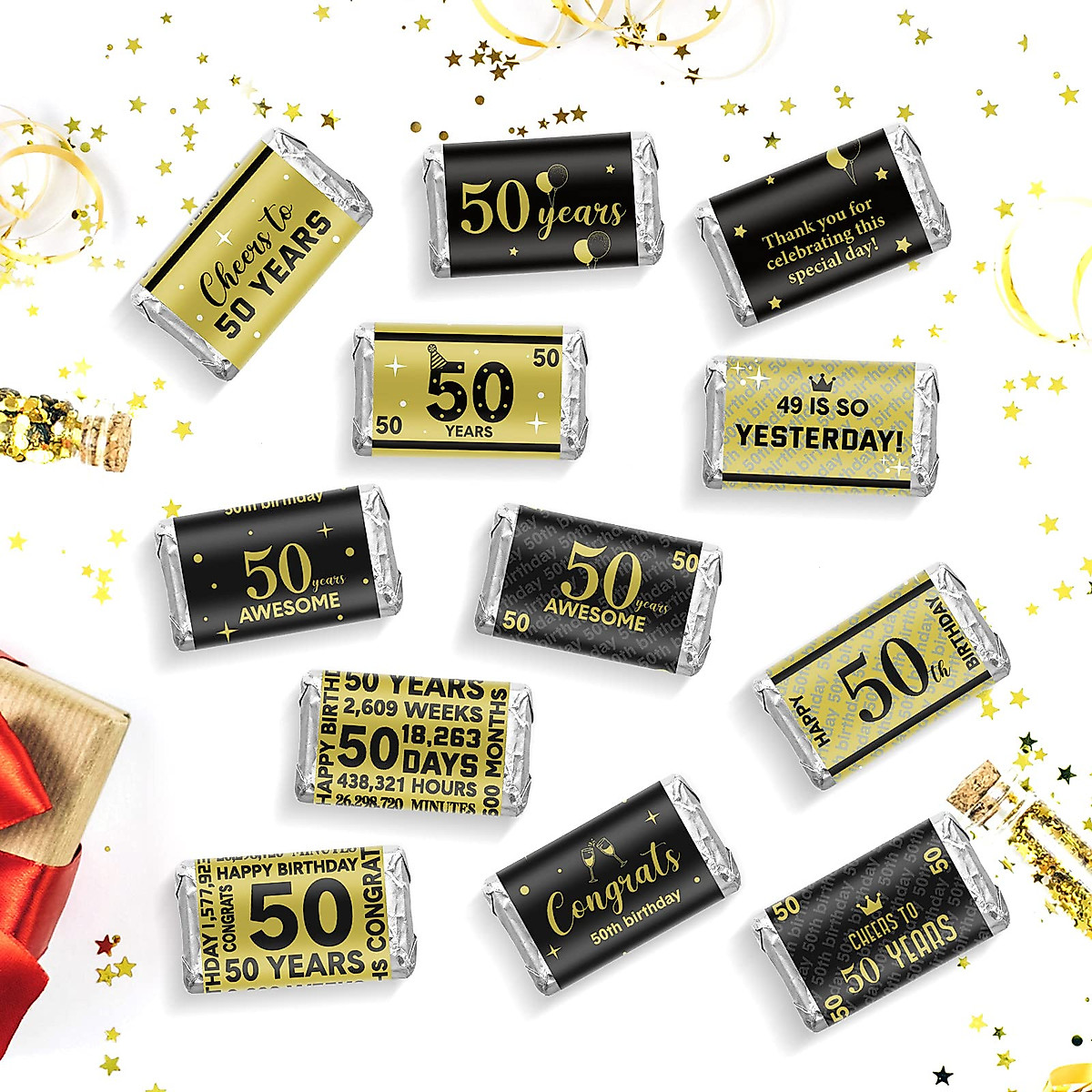Tenare 90 Pcs 50th Birthday Candy Bar Wrappers Black and Gold Stickers Chocolate Decoration Label Mini Candy Label Stickers for Anniversary Birthday Party Supplies