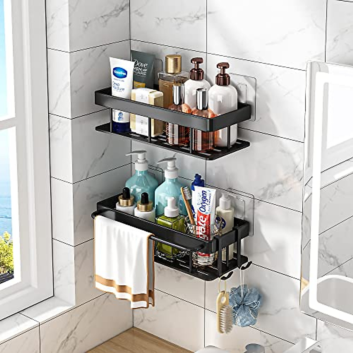 Shower Caddy, Black Shower Caddy with 2 Hooks and 1 Towel Bar, Adhesive Shower Caddy Aluminum Bathroom Wall Shelf, No Drilling Shower Organizer for Bathroom Toilet, Kitchen-2 Pack (Matte Black)