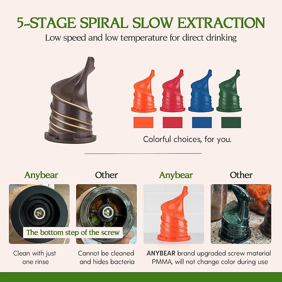 Anybear Cold Press Juicer, 200W Masticating Slow Juicer 4.3" Large Feed Chute Fit Whole Fruits Vegetables | Upgraded Auger | Tritan Materials | BPA Free | Easy to Clean with Brush| Juice Recipes