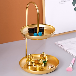 GSWPIP 2 Tier Multi Function Tray, Pantry Organization and Storage, Iron Organizer Fruit Serving Tray for Kitchen for Coffee Table Party(Gold)