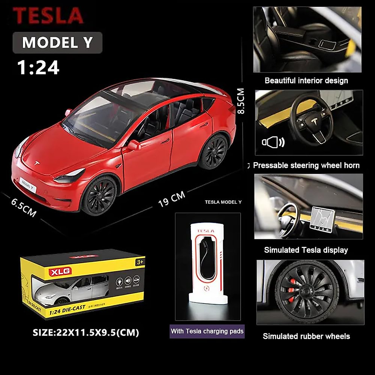 1:24 Scale Model Y Alloy Car Model Diecast Toy Vehicles for Kids, Tesla car Model，Pull Back Alloy Car with Lights and Music，Gifts for Adults and Children, Decorative Objects, Collectibles. (Red)