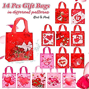 14 Pcs Valentines Day Gift Bags with Handles Reusable Treat Bag Valentines Day Party Bags Multifunctional Non Woven Heart Tote Bag for Valentines Party Supplies Gifts Wrapping, 9.06 x 8.66 x 4.33 Inch
