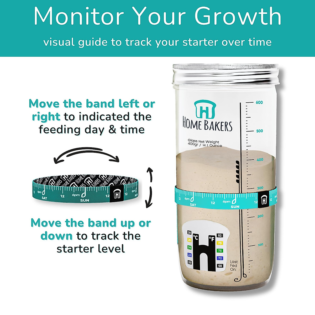 Ameeze Premium Sourdough Starter Jar Kit - 24oz Wide Mouth Glass Jar with Feeding Tracker, Thermometer, Silicone Scraper, and Airtight Lid - Complete Kit for Easy Artisan Bread Baking