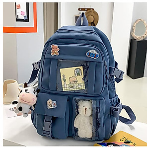 Stylifeo Kawaii Backpack with Cute Bear Plush Kawaii Pin Accessories Large Capacity Aesthetic School Bags Cute Bookbag for Girls Teen(Blue)