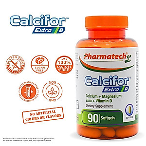 Calcium, Magnesium, Zinc, Plus Vitamin D3, Bone and Teeth Health Supplement Women, Immune System, Gluten Free, Sugar Free, 90 Softgels, Calcifor Extra by Pharmatech ®