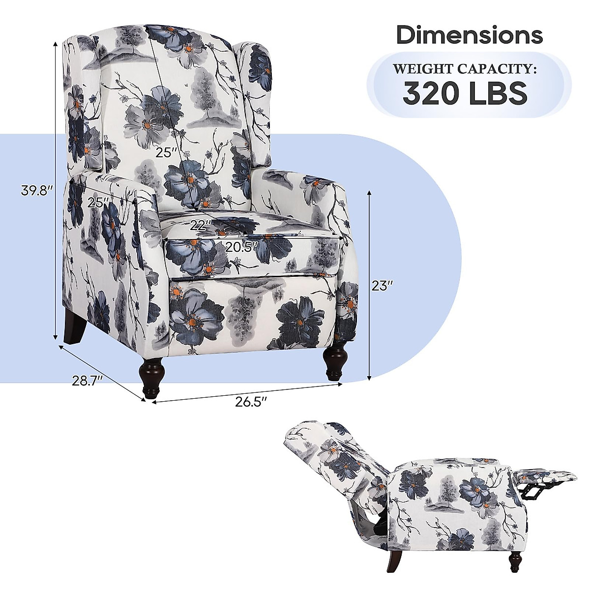 B BAIJIAWEI Wingback Recliner Chair - Tufted Arm Chair Recliner - Fabric Push Back Recliner Chair for Living Room Adjustable Backrest (Single, Blue Floral)