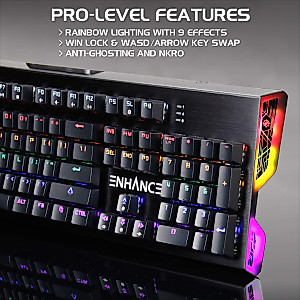 ENHANCE Pathogen Gaming Keyboard - Blue Switch Mechanical Keyboard with Fast 0.2ms Polling, Water & Dust Resistant, NKRO & Anti-Ghosting, Removable Wrist Rest, Ergonomic Keyboard Rainbow LED 9 Effects