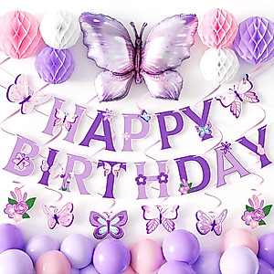 Butterfly Purple Pink Birthday Party Decorations, Happy Birthday Banner, Spiral pendant, Honeycomb Ball with Big Butterfly Foil Balloon for Women Girl Birthday Party Butterfly Theme Supplies