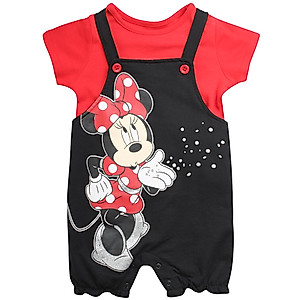 Disney Baby Girls' Romper - 2 Piece Overall T-Shirt Set Minnie Mouse, Winnie The Pooh, Size 3-6 Months, Minnie Coral